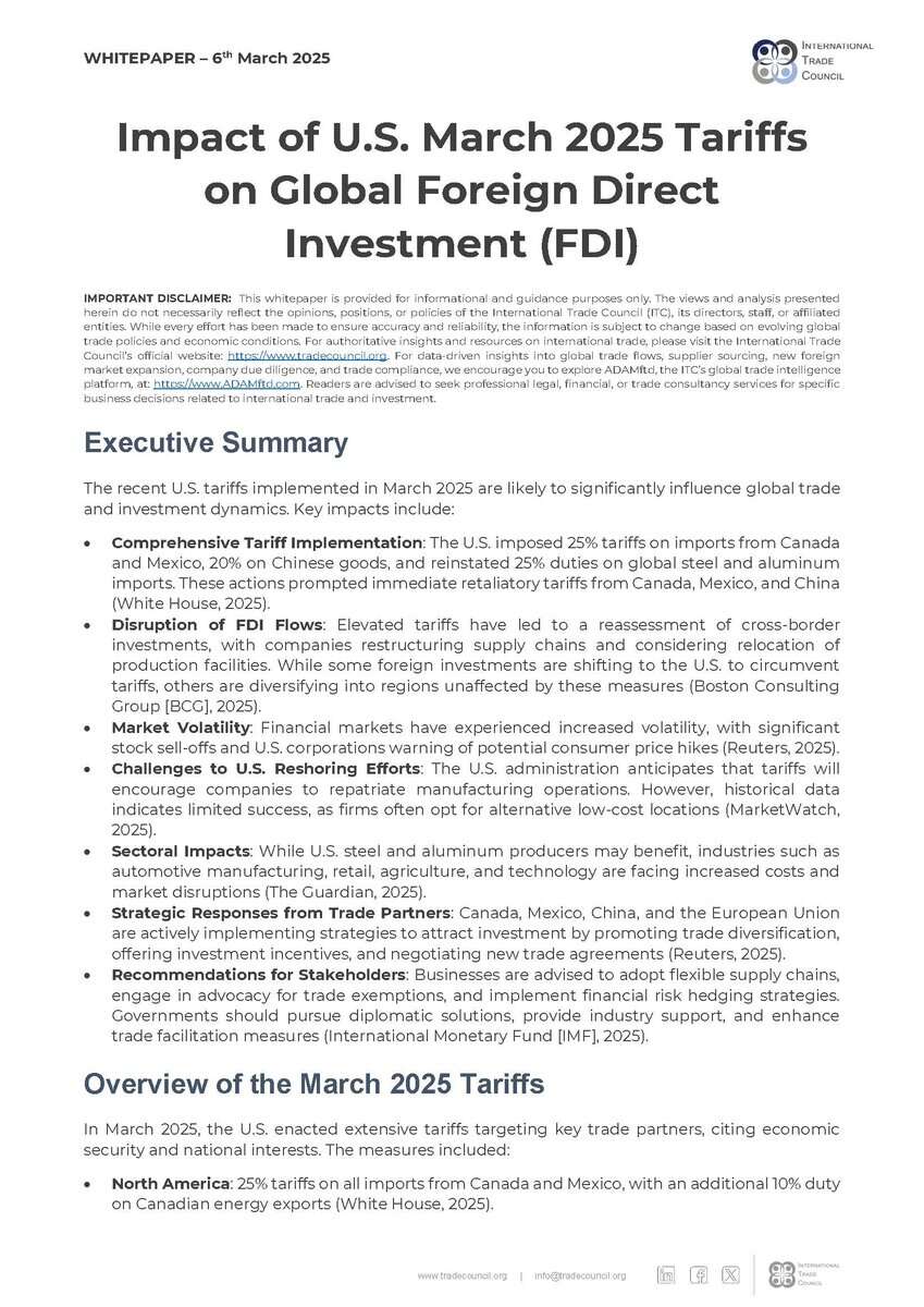 Impact of U.S. March 2025 Tariffs on Global Foreign Direct Investment (FDI) - The International ...